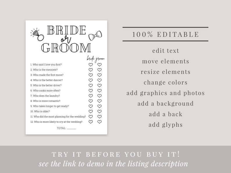 Printable Bridal Shower Game Bride or Groom Wedding Game - Etsy