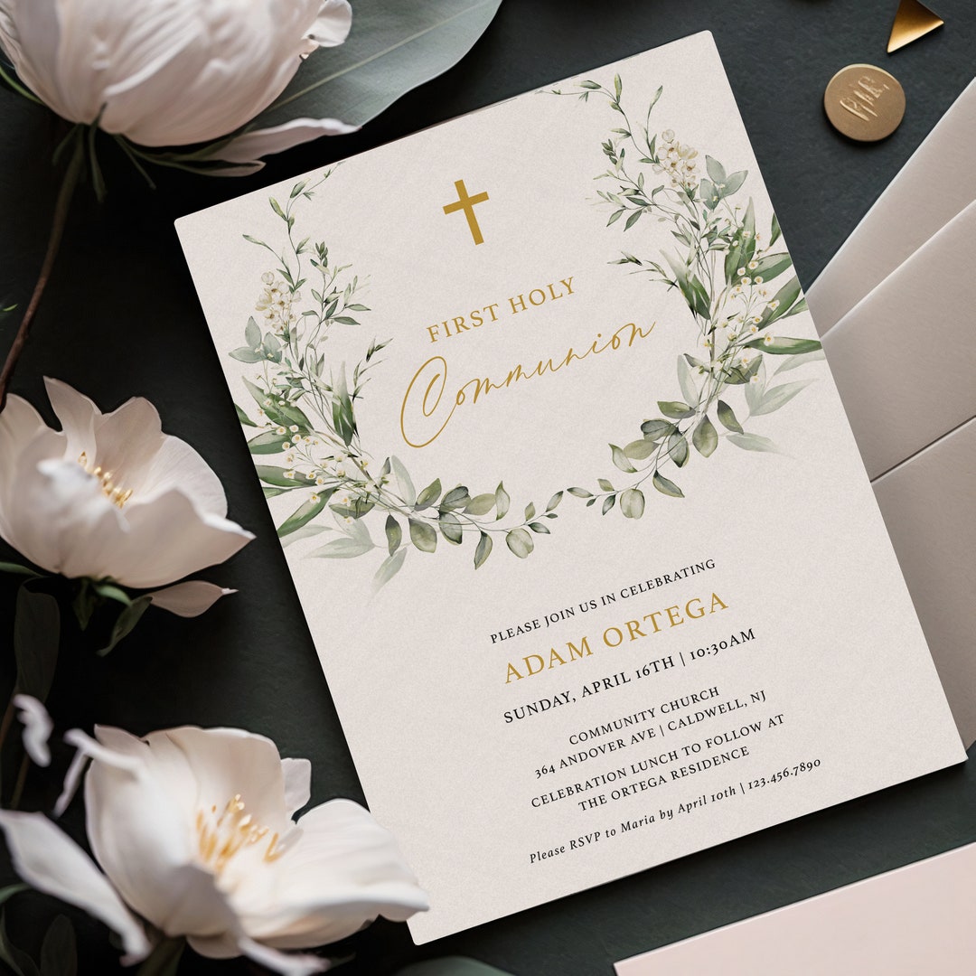 First Holy Communion Invitation Template, Greenery and Gold First ...