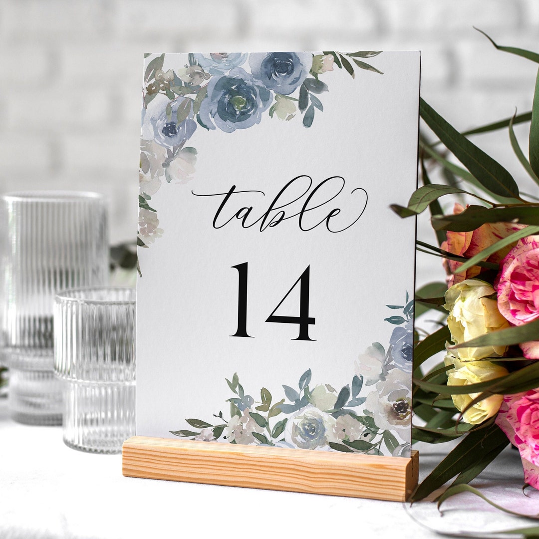 Dusty Blue Watercolor Florals Wedding Table Numbers, Printable Table ...