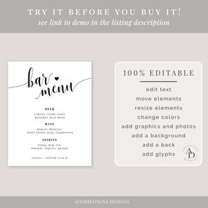 Wedding Bar Menu Sign Template, Wedding Sign, Bar Sign for Reception ...