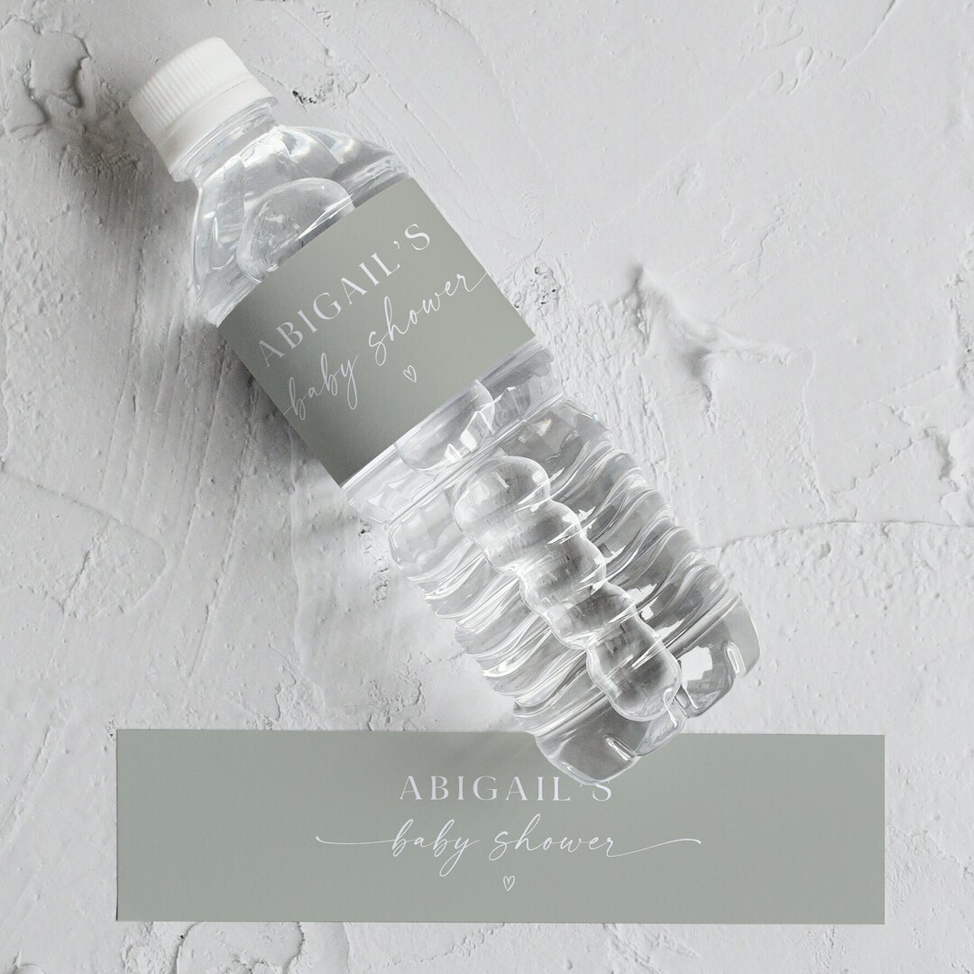 Sage Green Minimalist Baby Shower Water Bottle Label, Water Bottle ...