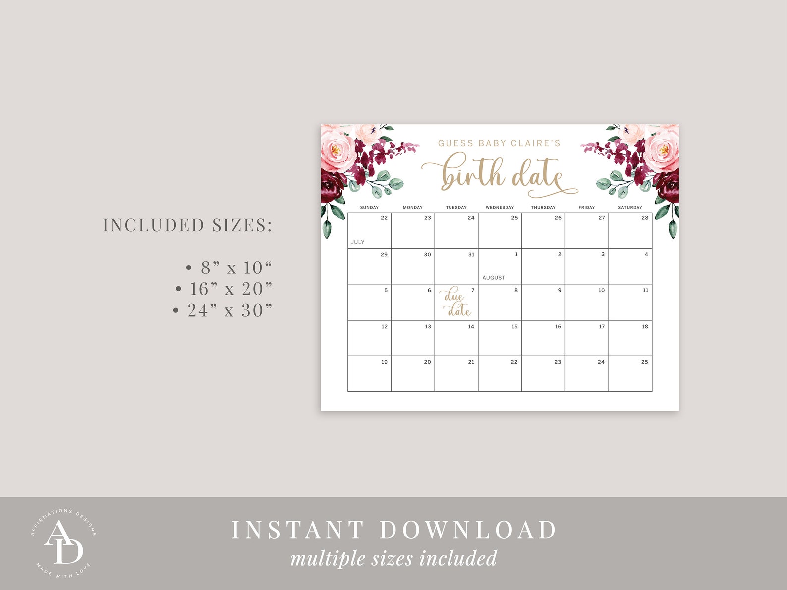 Guess Baby's Birth Date Calendar, Baby Shower Game, Printable Due Date ...