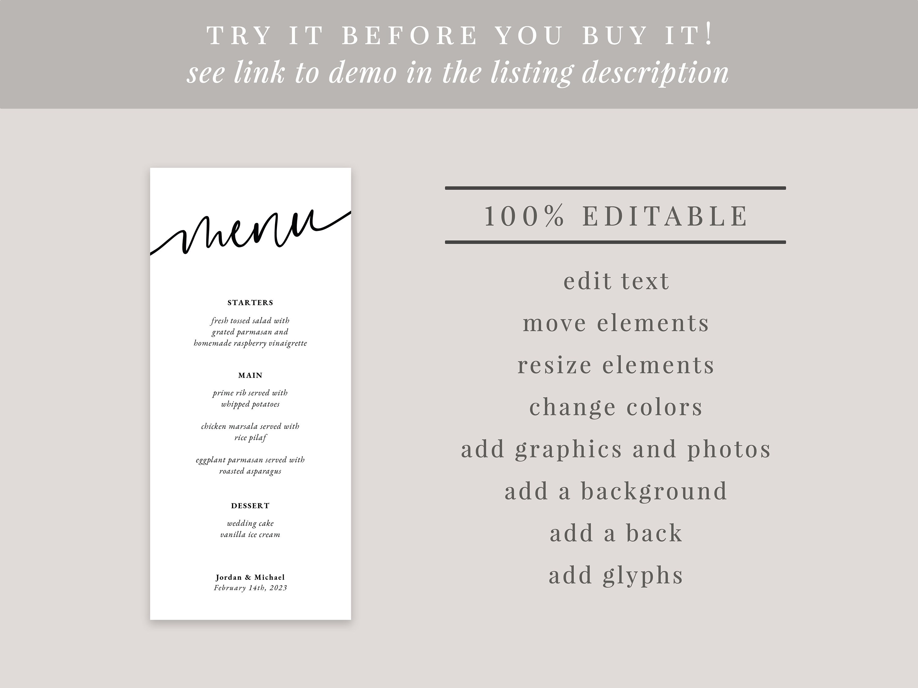 Script Wedding Menu Template Printable Wedding Menu Editable | Etsy