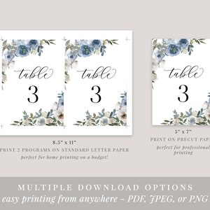 Dusty Blue Watercolor Florals Wedding Table Numbers, Printable Table ...