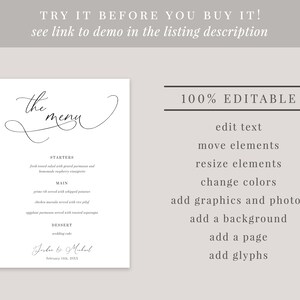 Elegant Wedding Menu Template, Printable Wedding Reception Menu ...