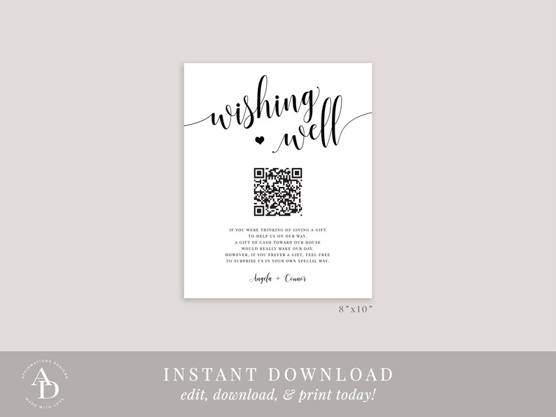 Wishing Well Sign Template, Wedding Wishing Well Sign With QR Code ...