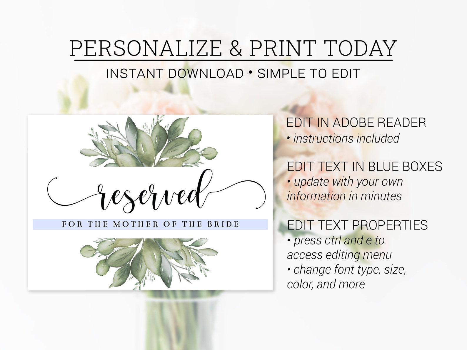 Printable Reserved Seat Wedding Sign, Editable Reserved Seating Card ...