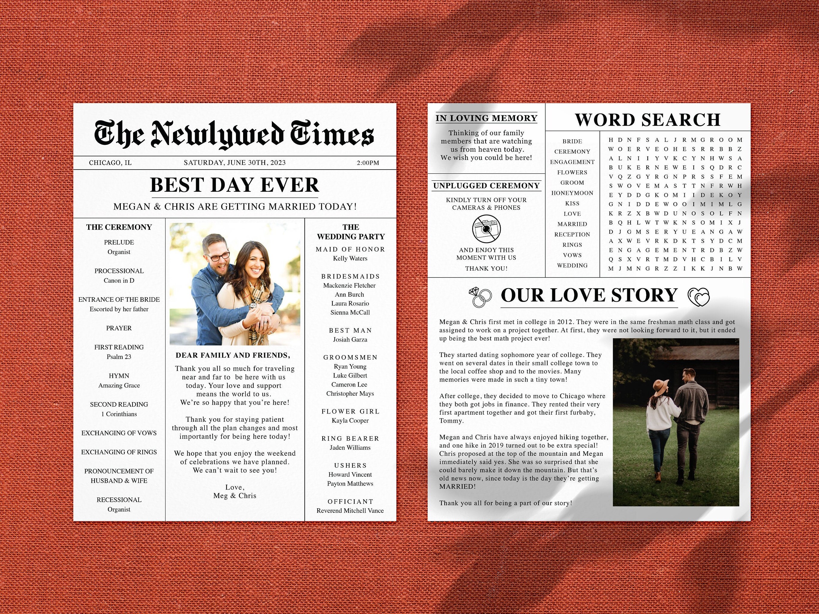 Printable Newspaper Wedding Program Template, Infographic Wedding ...