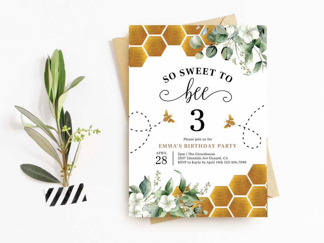Plantilla de invitación de cumpleaños tan dulce para abeja, invitación ...