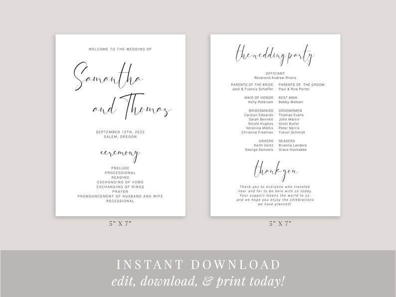 Elegant Script Wedding Program Template Printable Order of - Etsy