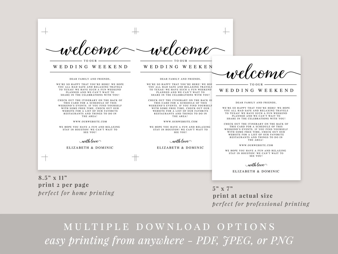 Printable Wedding Welcome Card // Welcome Bag Insert // | Etsy
