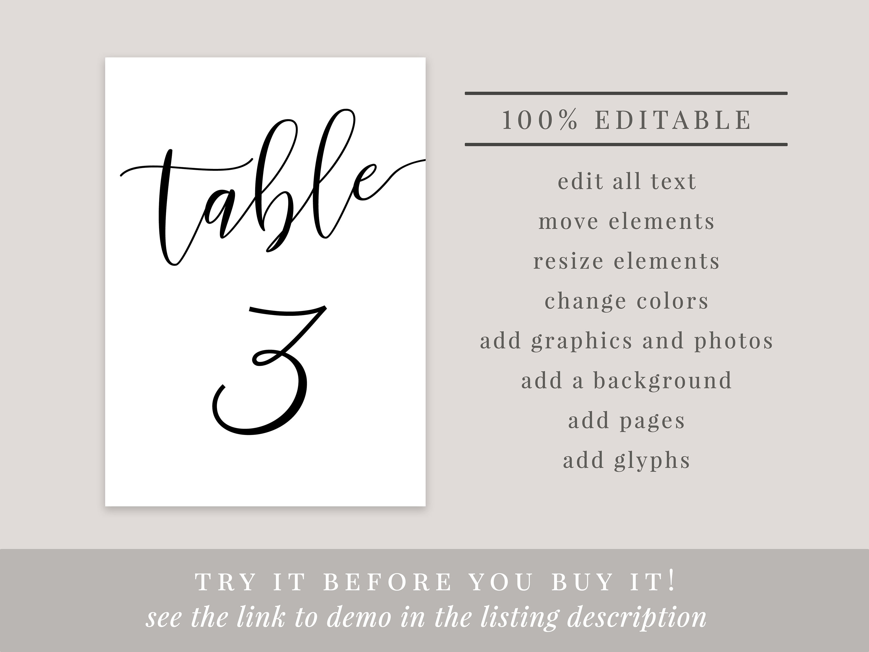 Wedding Table Numbers Printable Template Calligraphy Table | Etsy
