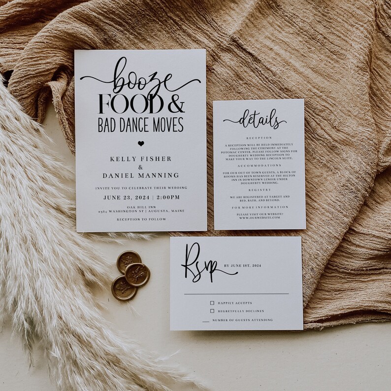 Booze Food and Bad Dance Moves Wedding Invitation Set Template ...