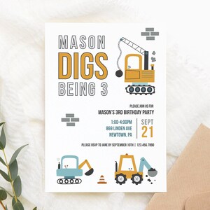 Digger Birthday Invitation Digital, Printable Construction Birthday ...