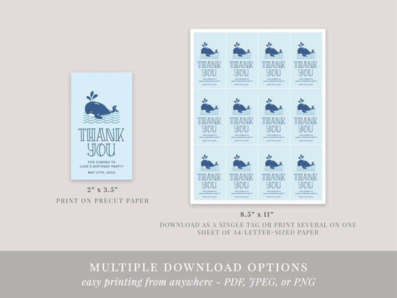 Whale Birthday Thank You Tag Template, Birthday Party Favor Tag, Ocean ...