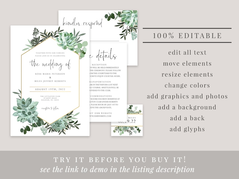 Succulents Printable Wedding Invitation Set Template, Editable Wedding ...