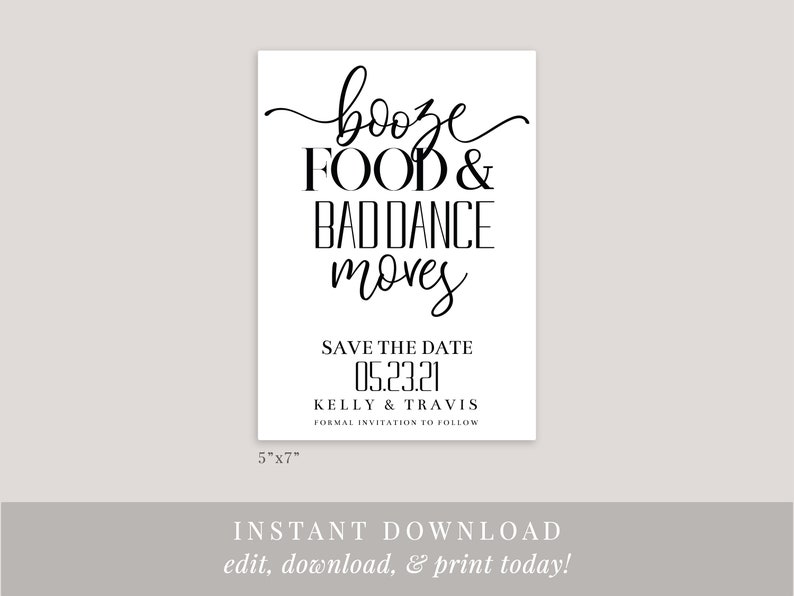Booze Food and Bad Dance Moves Save the Date Printable - Etsy