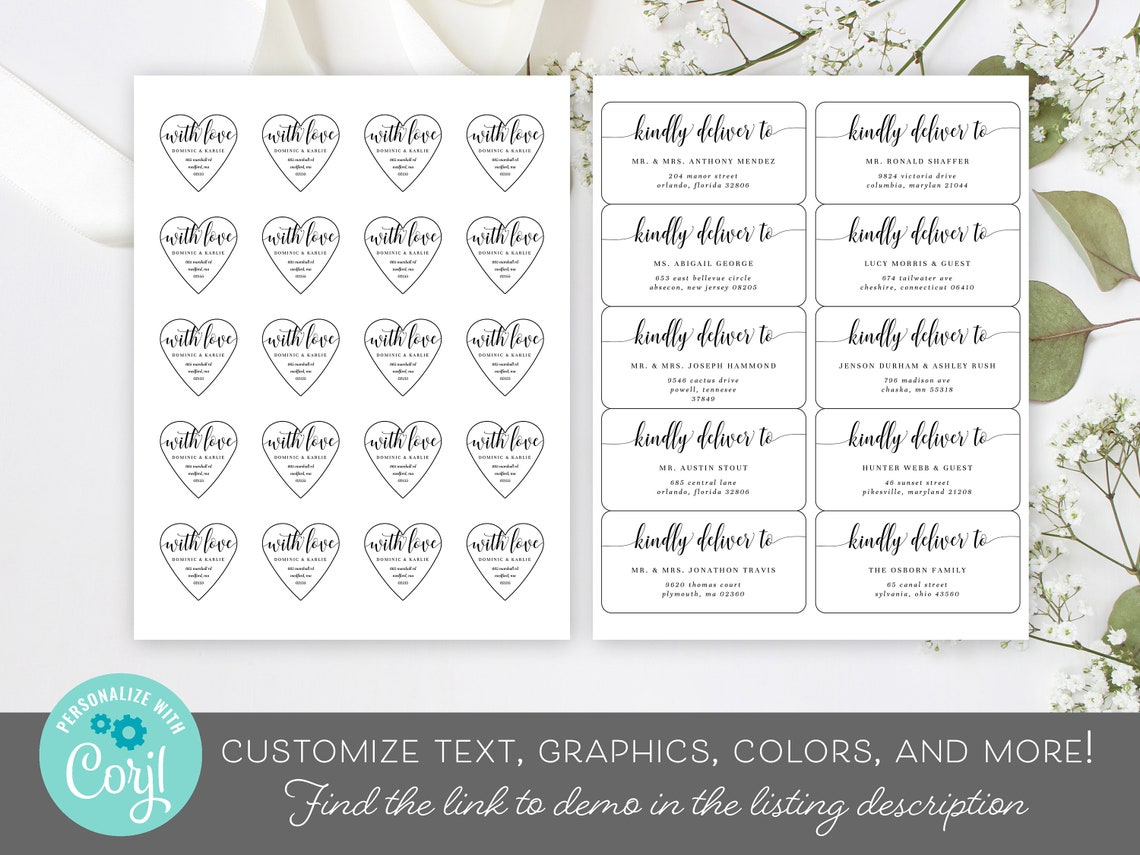 Printable Wedding Envelope Address Labels and Heart Return | Etsy