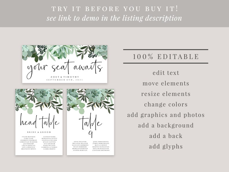 Printable Succulent Wedding Seating Chart Editable Seating - Etsy