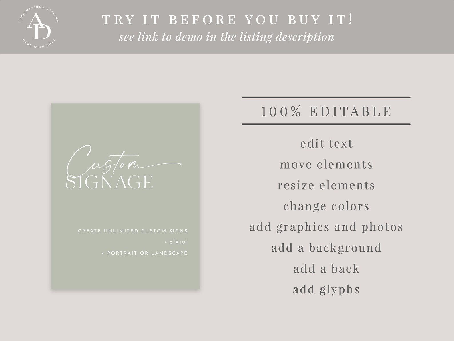 Sage Green Minimalist Custom Sign Template, Printable Sign, Editable ...
