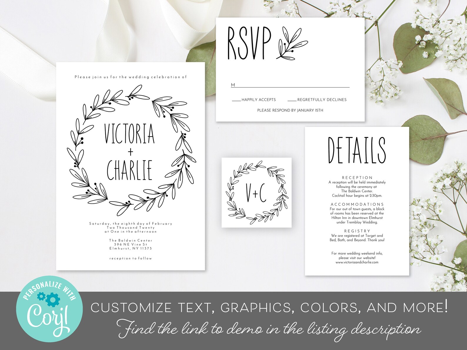Printable Rustic Wedding Invitation Set Template Editable | Etsy