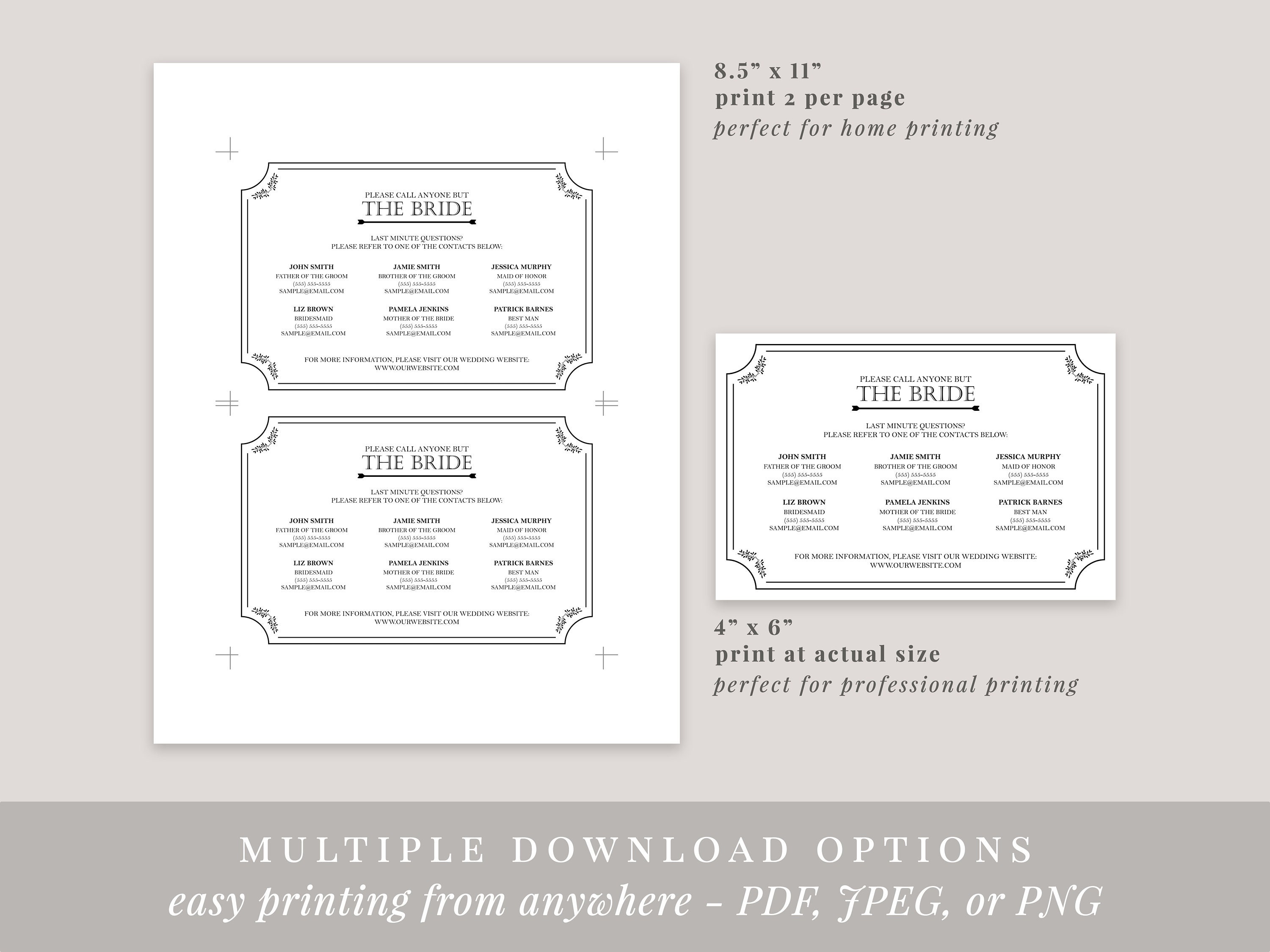 Call Anyone but the Bride Card, Wedding Phone Number Contact Card ...