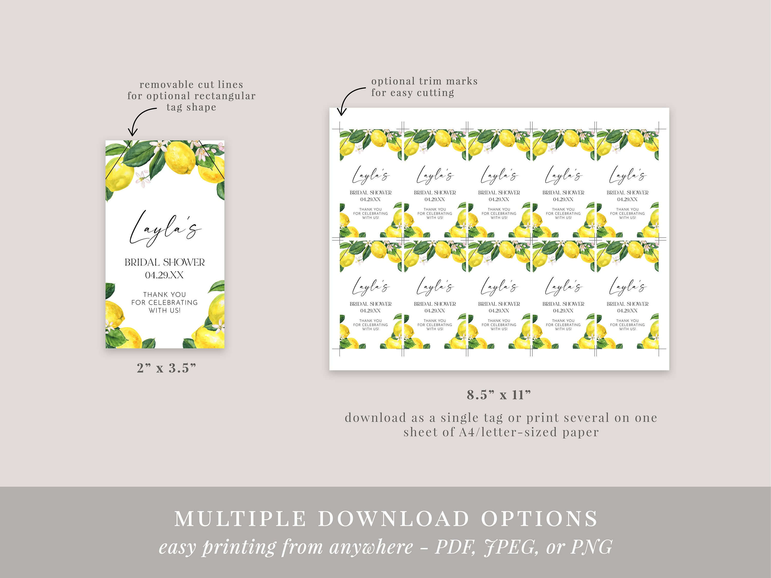 Lemons Bridal Shower Favor Tag Template, Printable Thank You Tag ...
