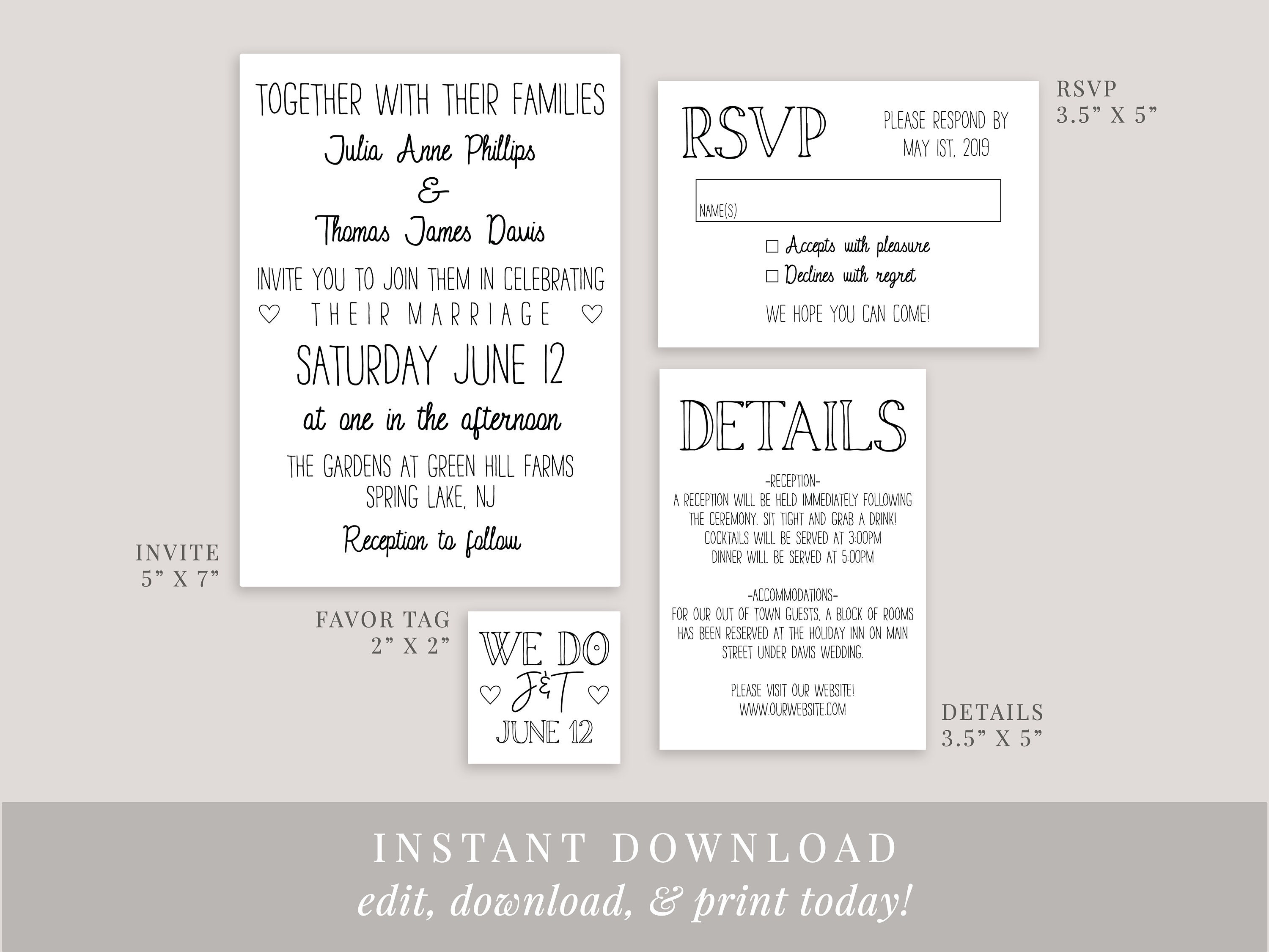 Rustic Wedding Invitation Set With Fun Fonts Editable Wedding | Etsy