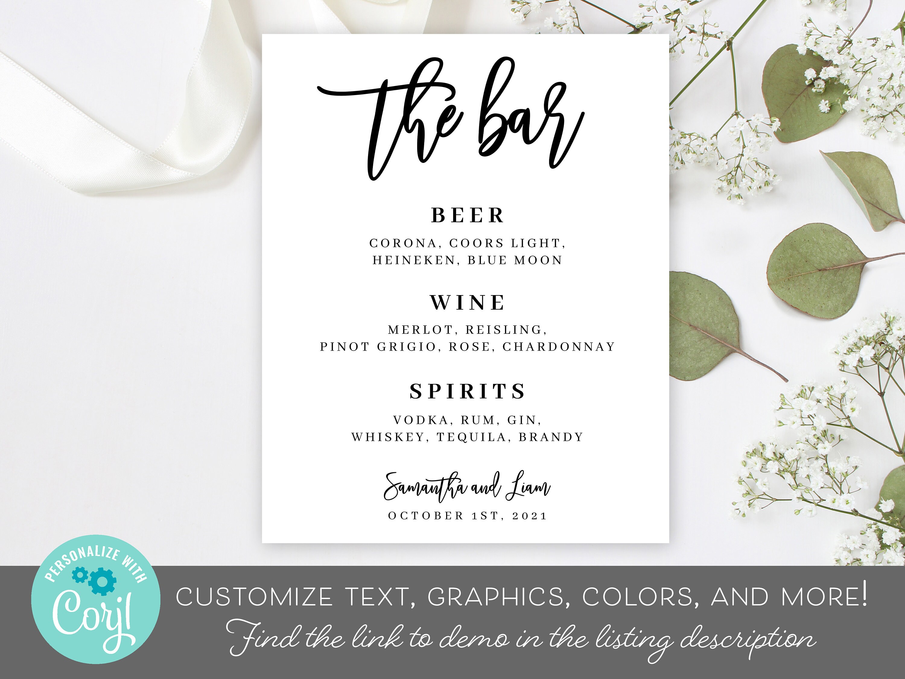 Printable Wedding Bar Menu Sign Editable Wedding Reception | Etsy