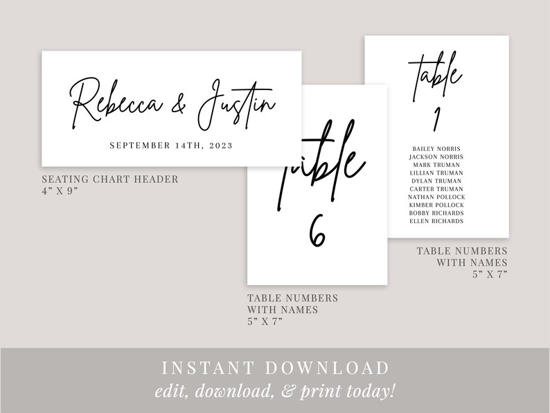 Signature Printable Seating Chart Script Table Number - Etsy