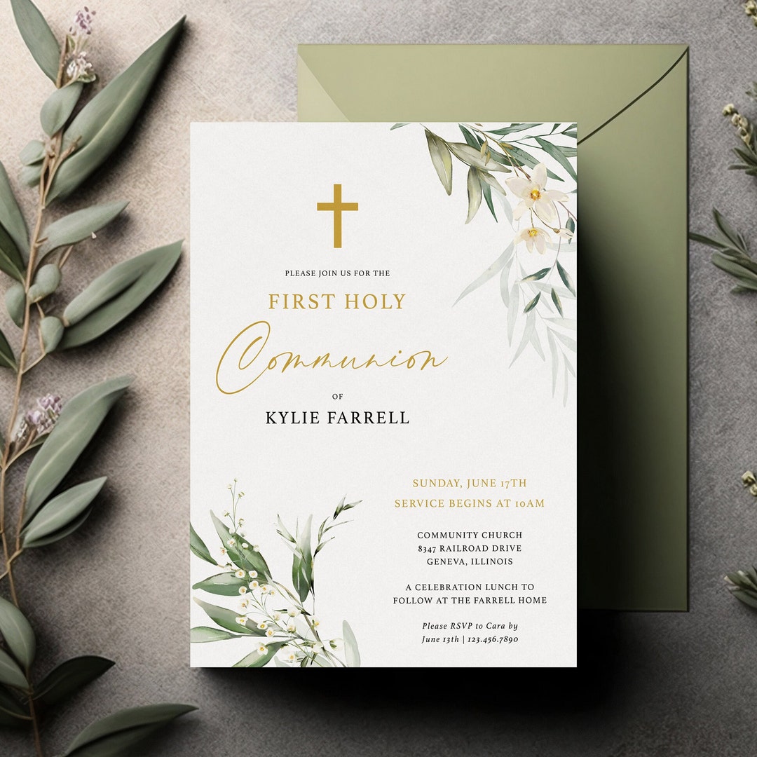 First Holy Communion Invitation Template, Greenery and Gold First ...