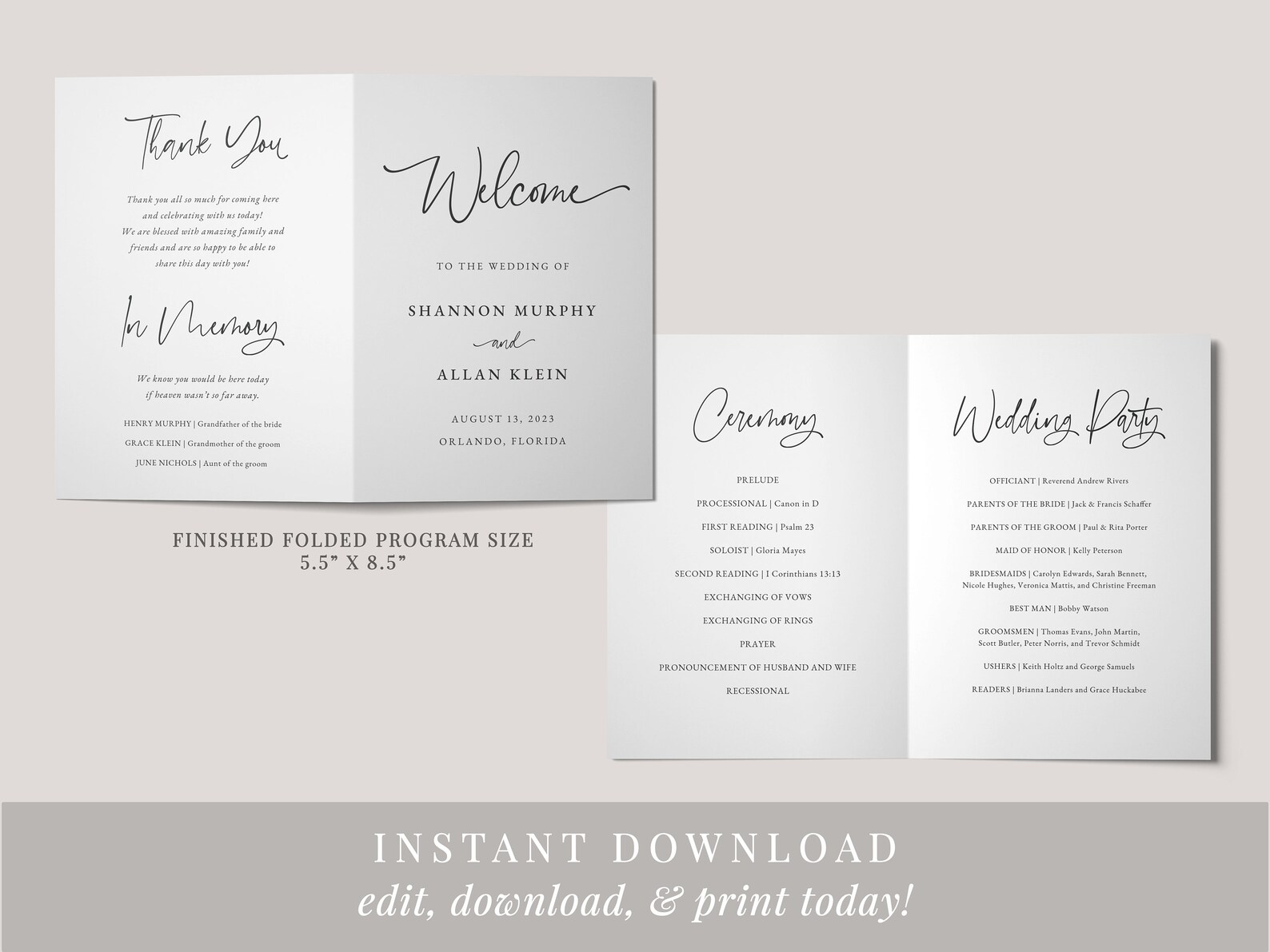 Folded Wedding Program Template Printable Order of Ceremony - Etsy