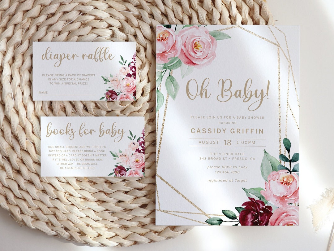 Pink Florals and Greenery Baby Shower Invitation Template, Books for ...