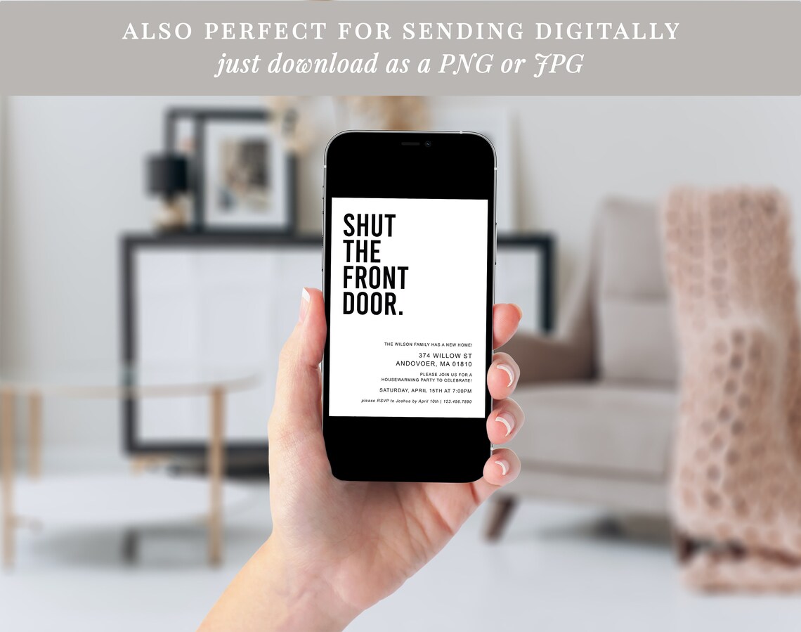 Shut the Front Door Moving Announcement Template, Housewarming Party ...