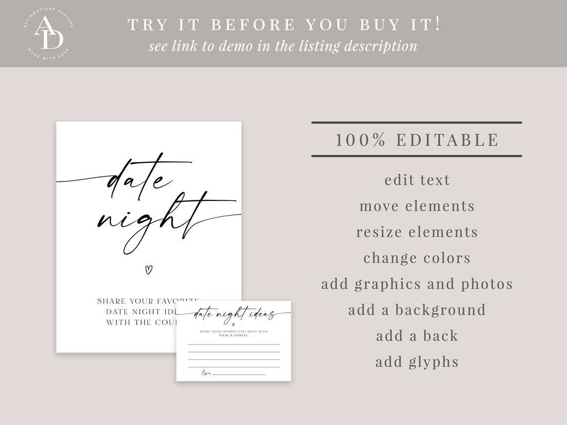 Minimalist Date Night Ideas Sign and Cards Printable Wedding - Etsy