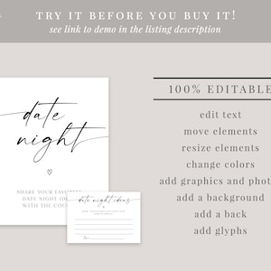 Minimalist Date Night Ideas Sign and Cards, Printable Wedding Game ...
