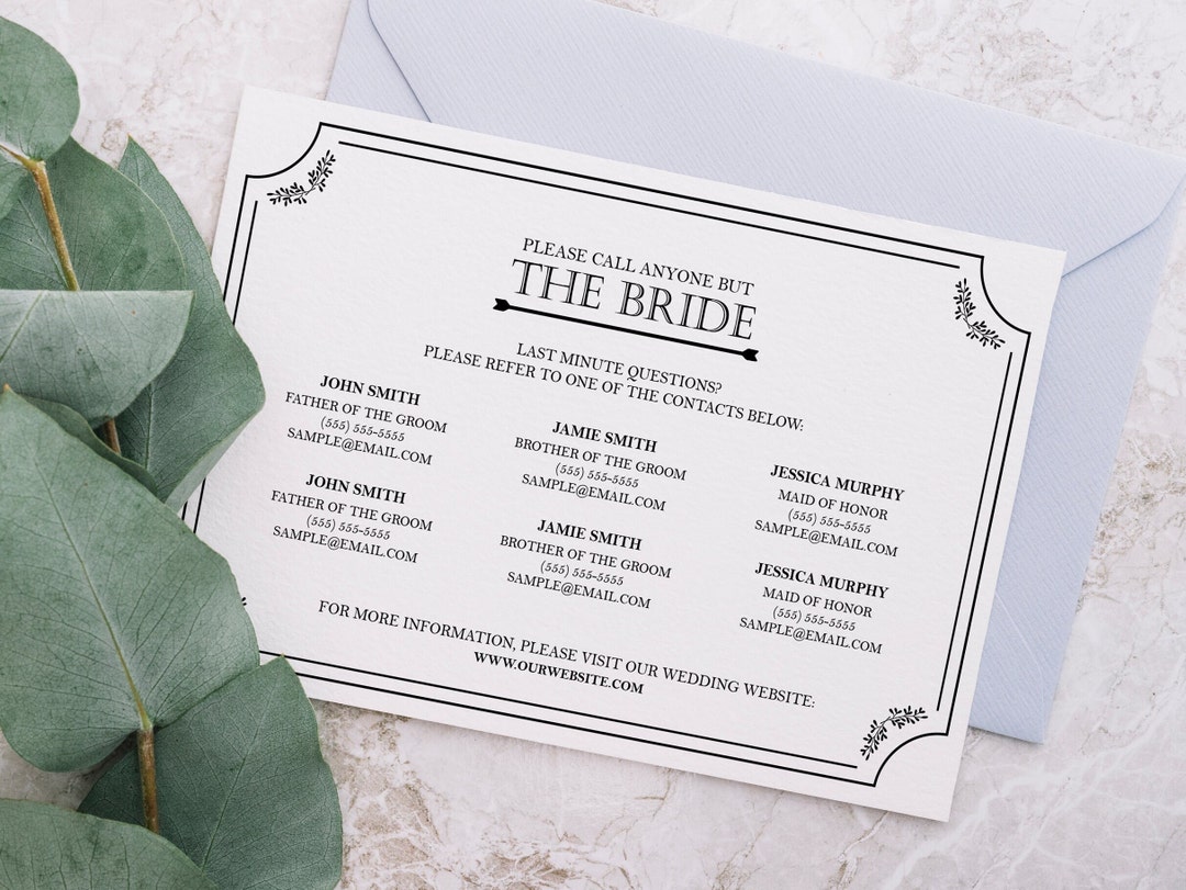 Call Anyone but the Bride Card, Wedding Phone Number Contact Card ...
