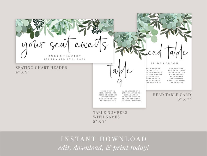 Printable Succulent Wedding Seating Chart, Editable Seating Plan ...