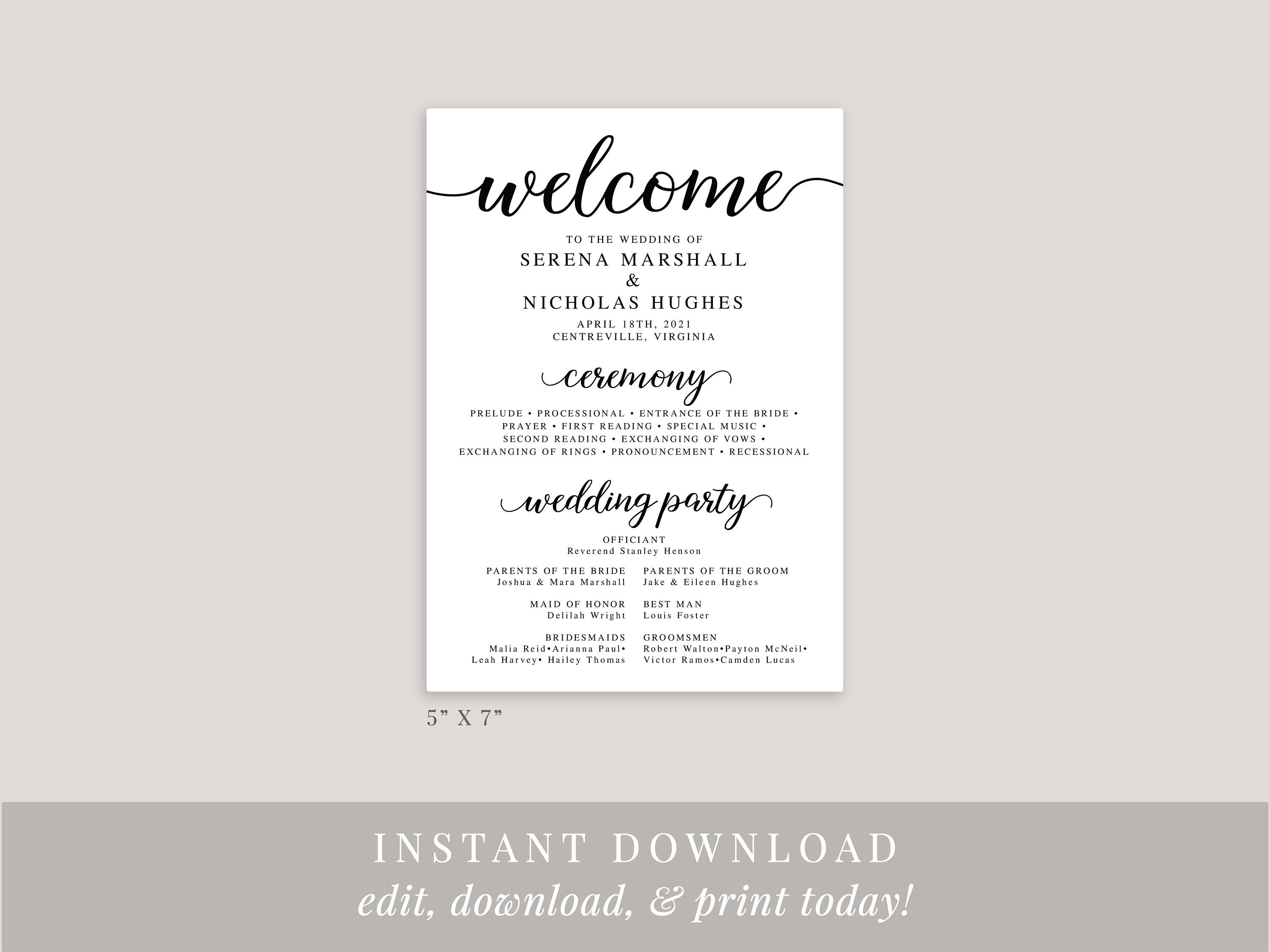 Printable Wedding Ceremony Program Editable Order of Ceremony - Etsy