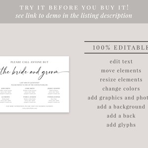 Call Anyone but the Bride and Groom Contact Card Template, Printable ...