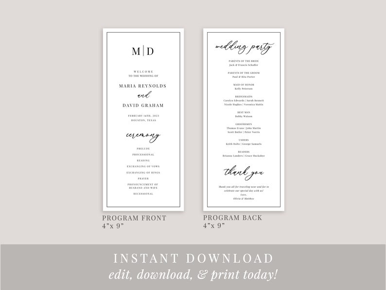 Initials Monogram Wedding Program Template Printable Order of | Etsy