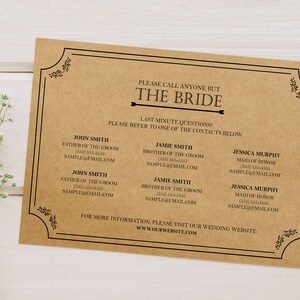 Call Anyone but the Bride Card, Wedding Phone Number Contact Card ...