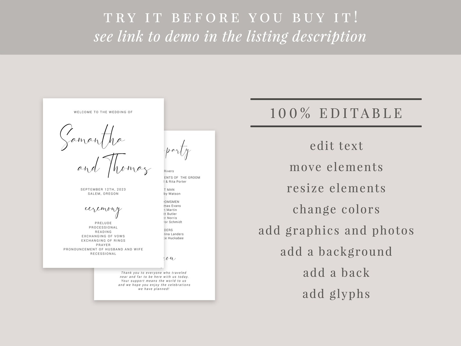 Elegant Script Wedding Program Template Printable Order of - Etsy