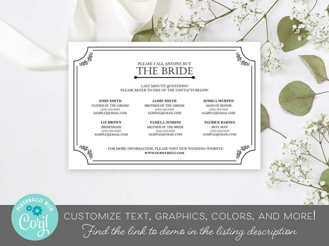 Call Anyone But The Bride Card // Wedding Phone Number Contact | Etsy