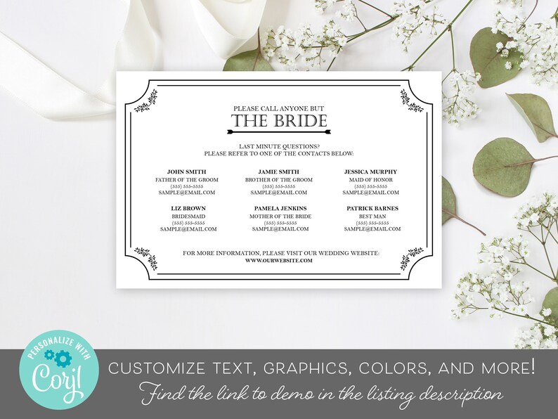 Call Anyone But The Bride Card // Wedding Phone Number Contact | Etsy