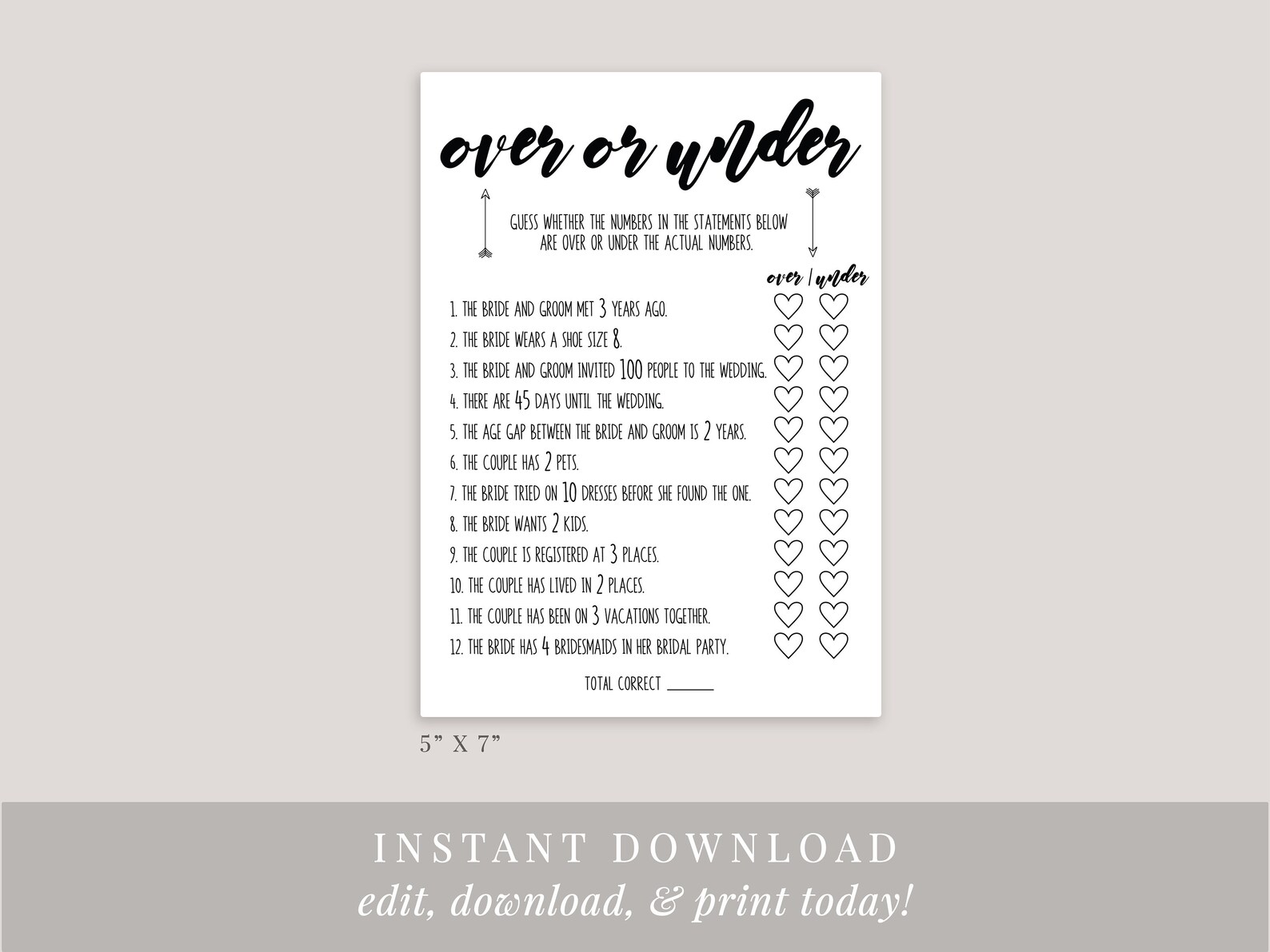 Over or Under Printable Bridal Shower Game, Bridal Shower Game Template ...