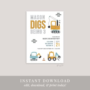 Digger Birthday Invitation Digital, Printable Construction Birthday ...