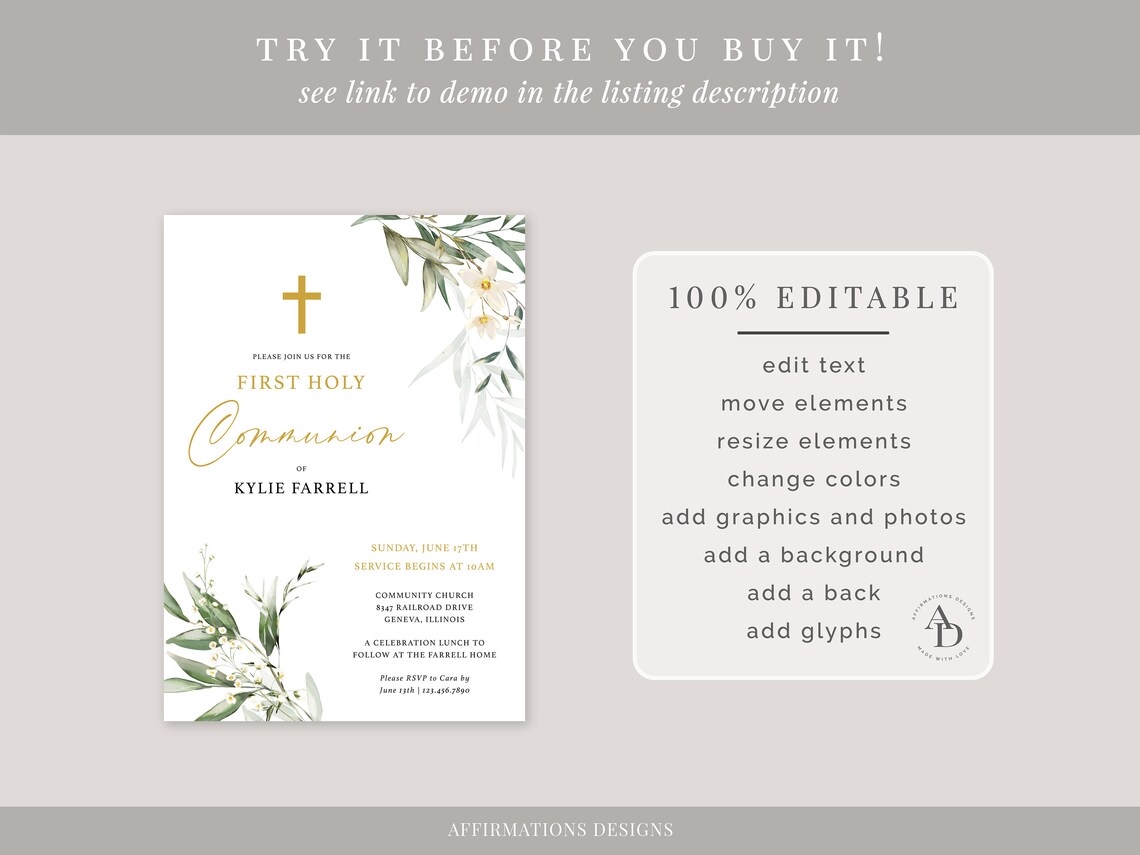 First Holy Communion Invitation Template, Greenery and Gold First ...