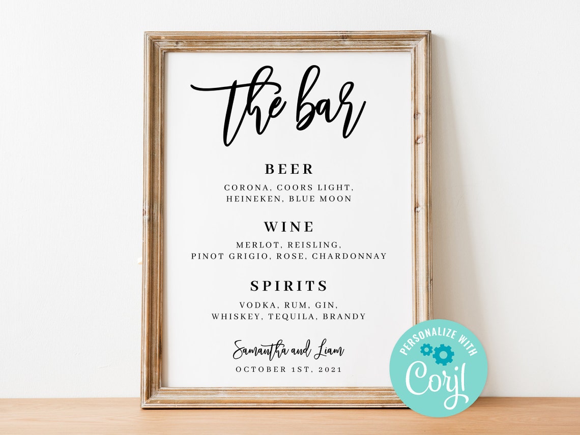 Printable Wedding Bar Menu Sign // Editable Wedding Reception | Etsy