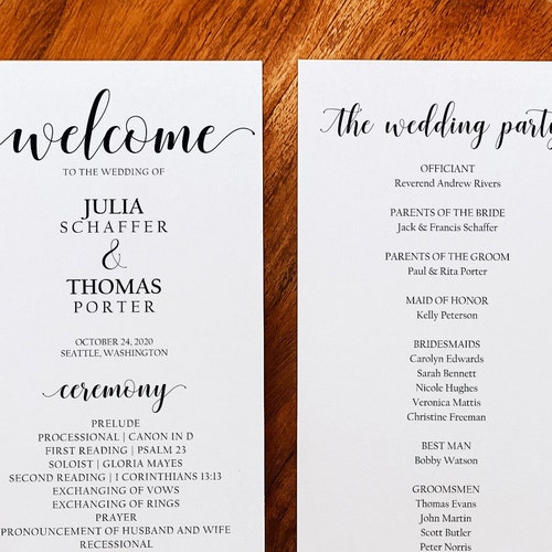 Elegant Wedding Ceremony Program Order of Wedding Program - Etsy